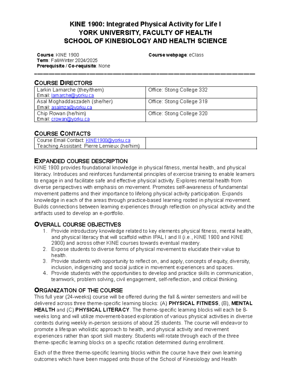 KINE 1900 Course outline 13-September-2024 - KINE 1900: Integrated ...