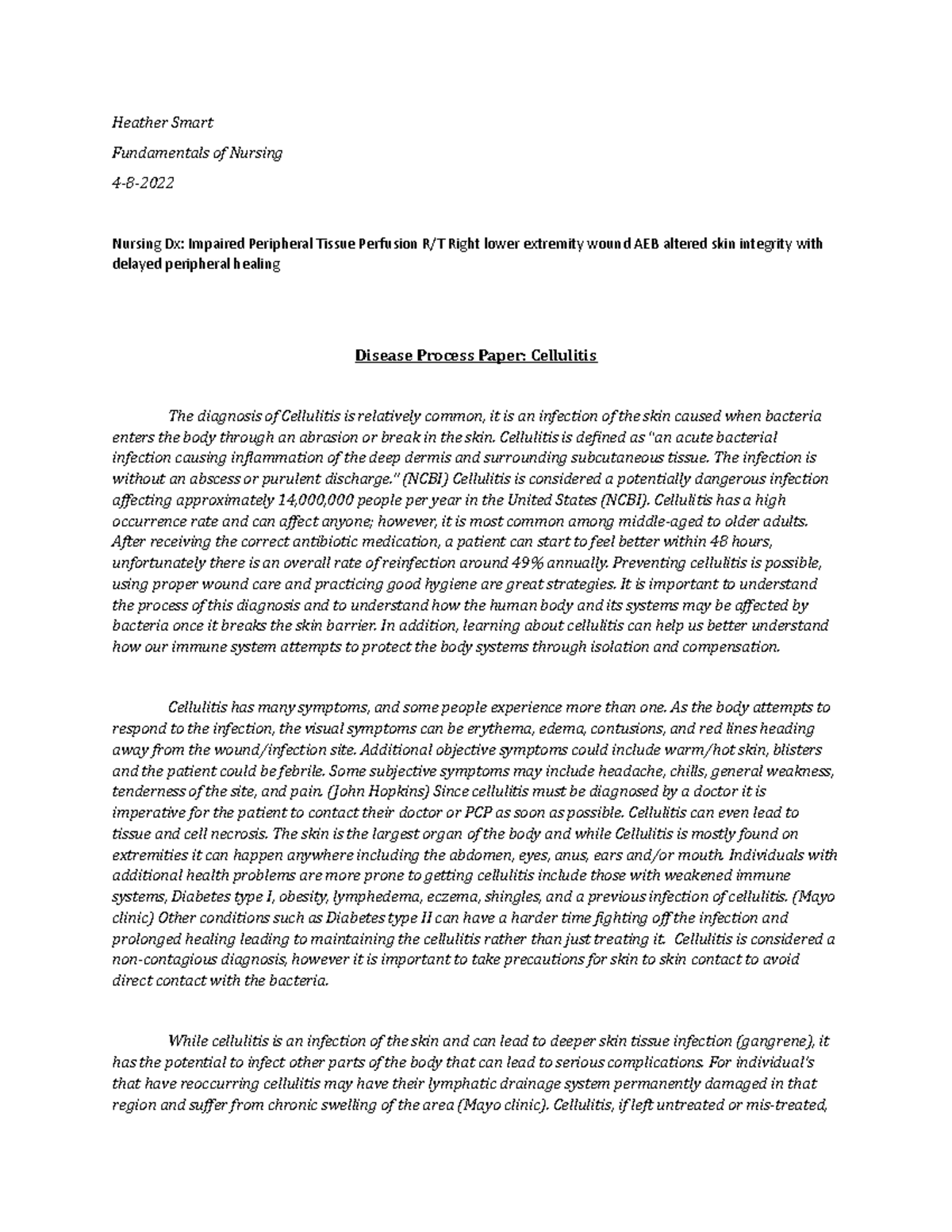 Disease Paper cellulitis' - Heather Smart Fundamentals of Nursing 4-8 ...