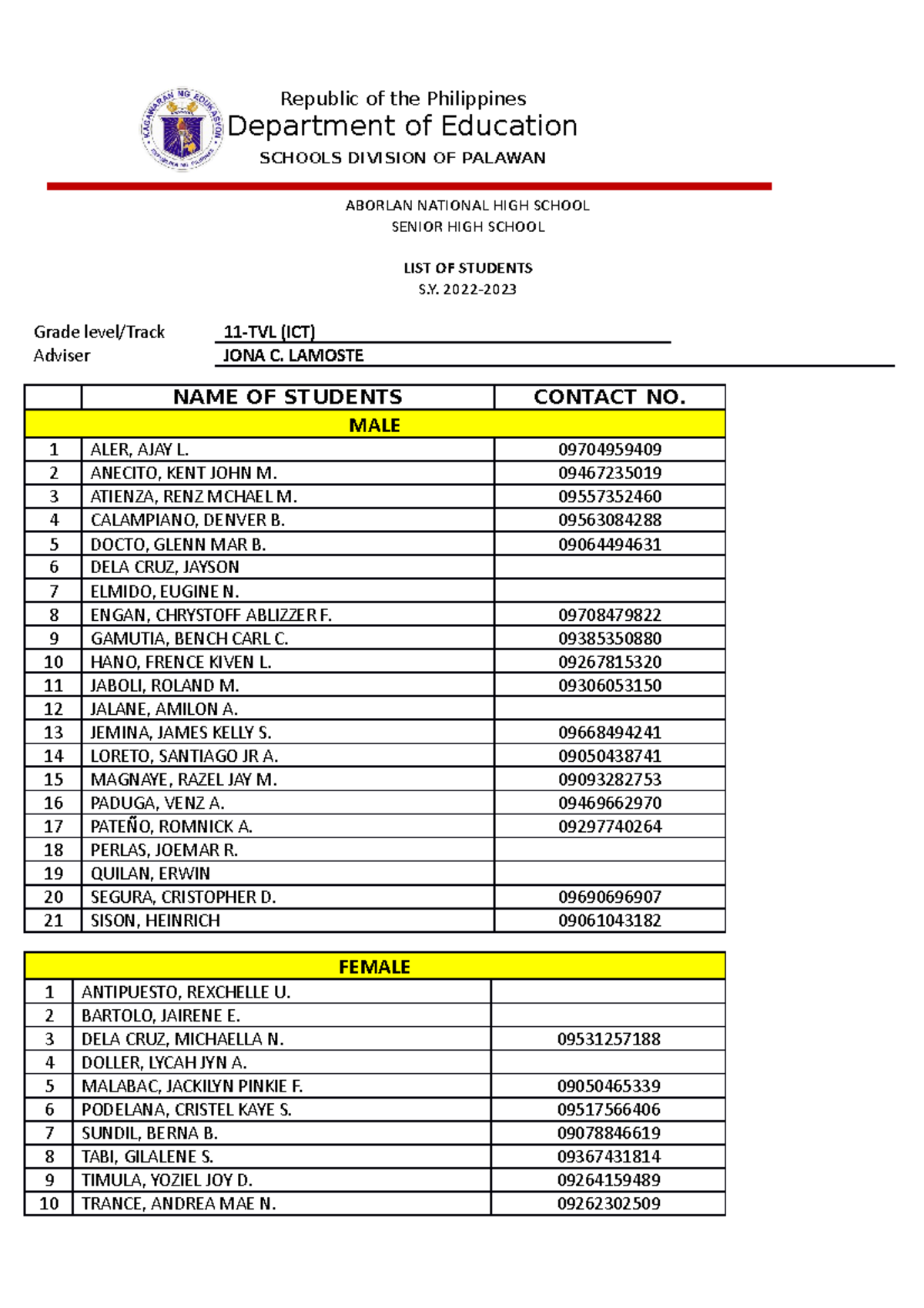 ICT 11- LIST OF Students SY 2022-2023 - ABORLAN NATIONAL HIGH SCHOOL ...
