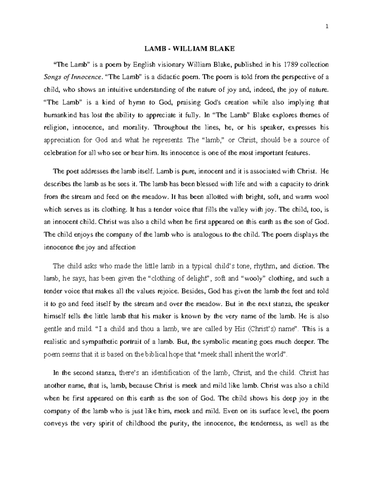 Blake- Lamb-1-converted - 1 LAMB - WILLIAM BLAKE “ The Lamb= is a poem ...