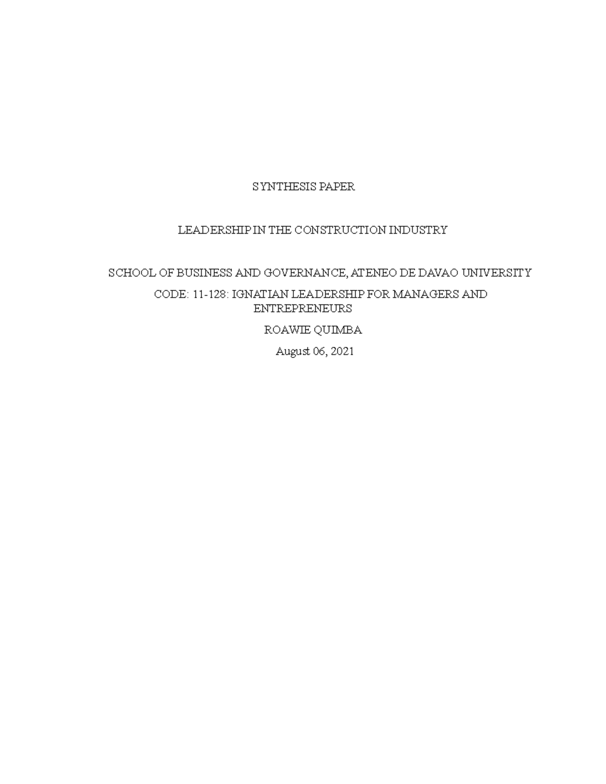 1ST Synthesis Paper - none - Operations Management & Total Quality ...