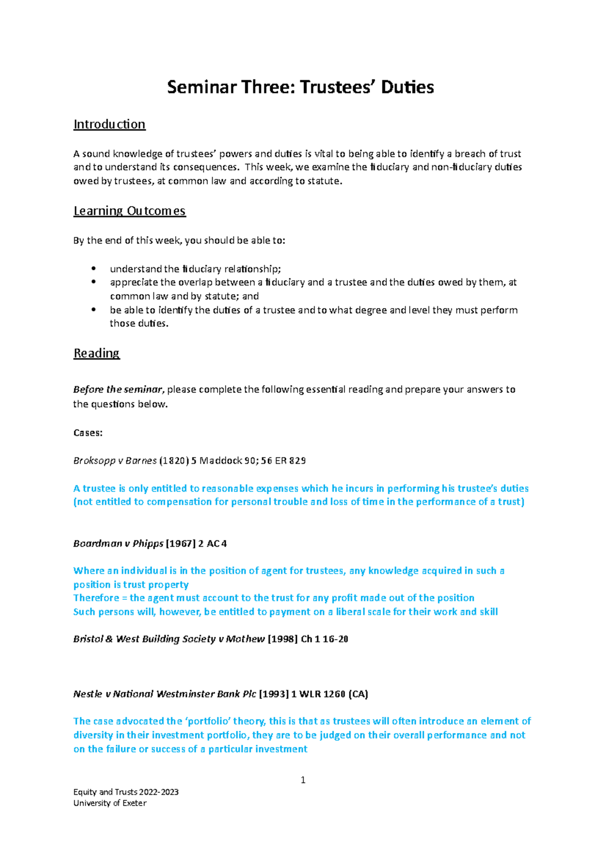 Seminar 3 - Trustees Duties 2022-23 - Seminar Three: Trustees’ Duties Introduction A sound ...
