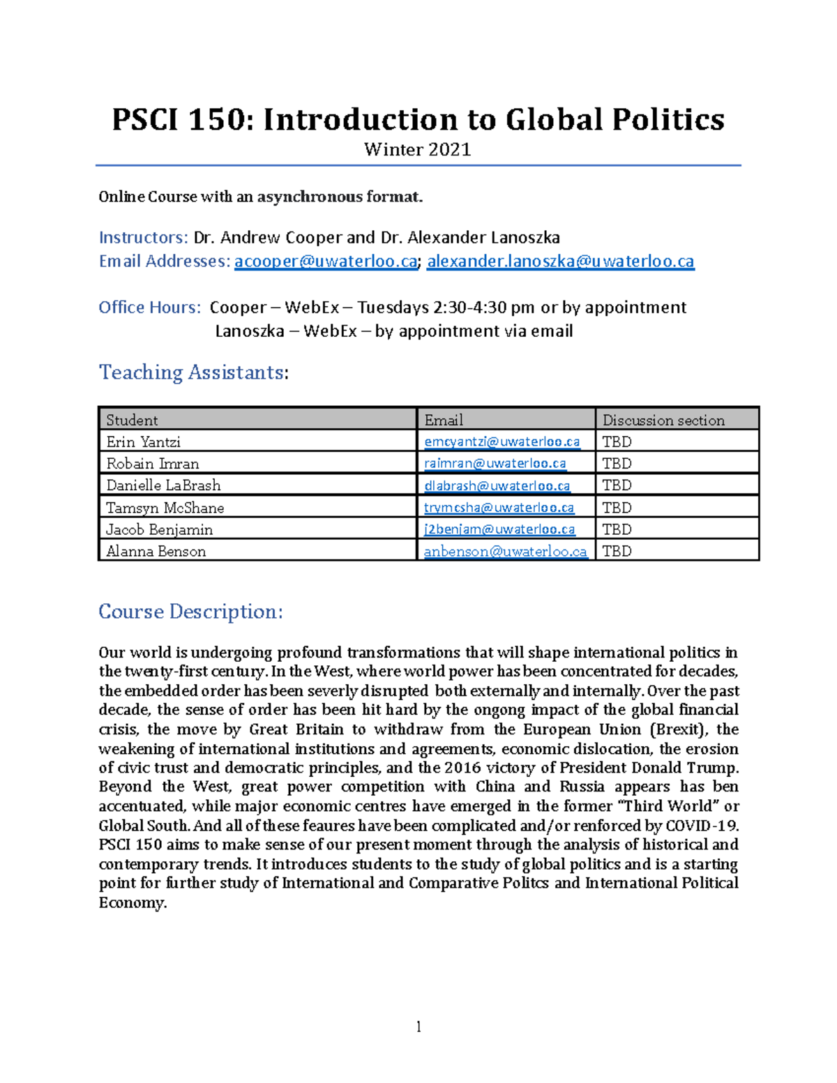 Cooper and Lanoszka - PSCI 150 Winter 2021 - PSCI 150: Introduction to ...