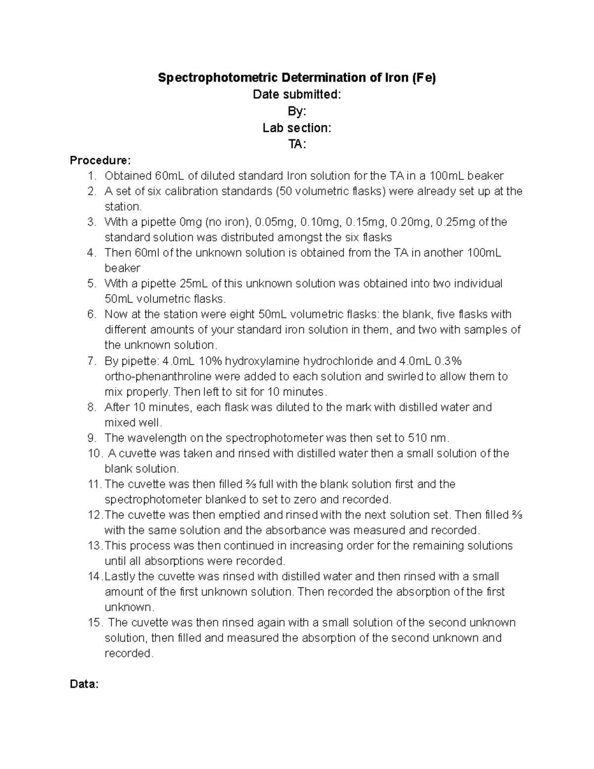 Fe CHEM post-lab - Spectrophotometric Determination of Iron (Fe) Date ...