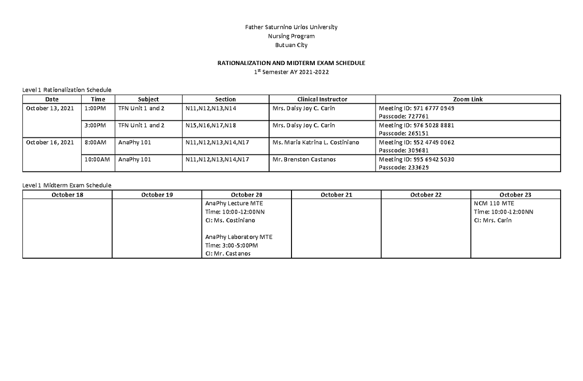 Rationalization AND Midterm EXAM Schedule - Father Saturnino Urios ...