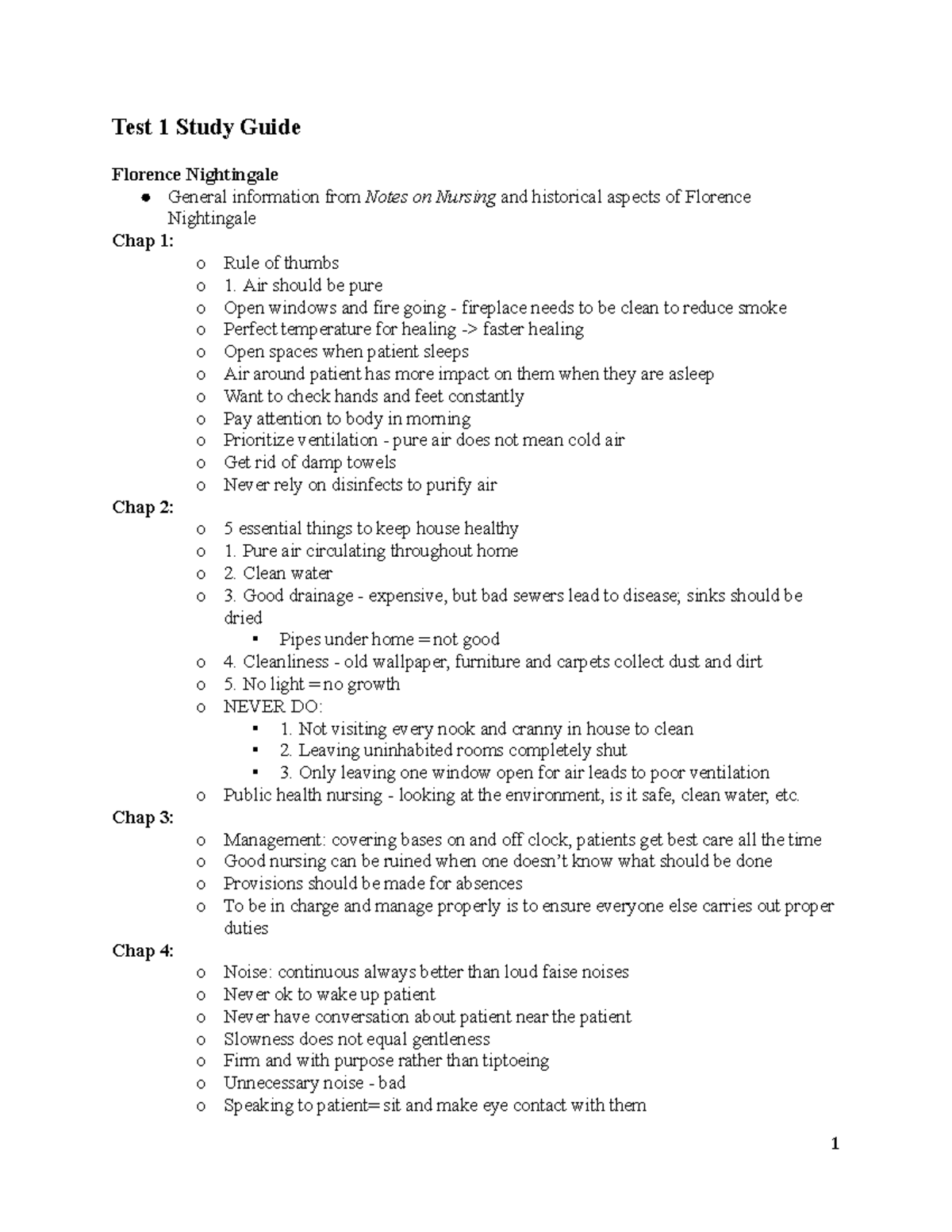Test 1 Study Guide Florence Nightingale - Studocu
