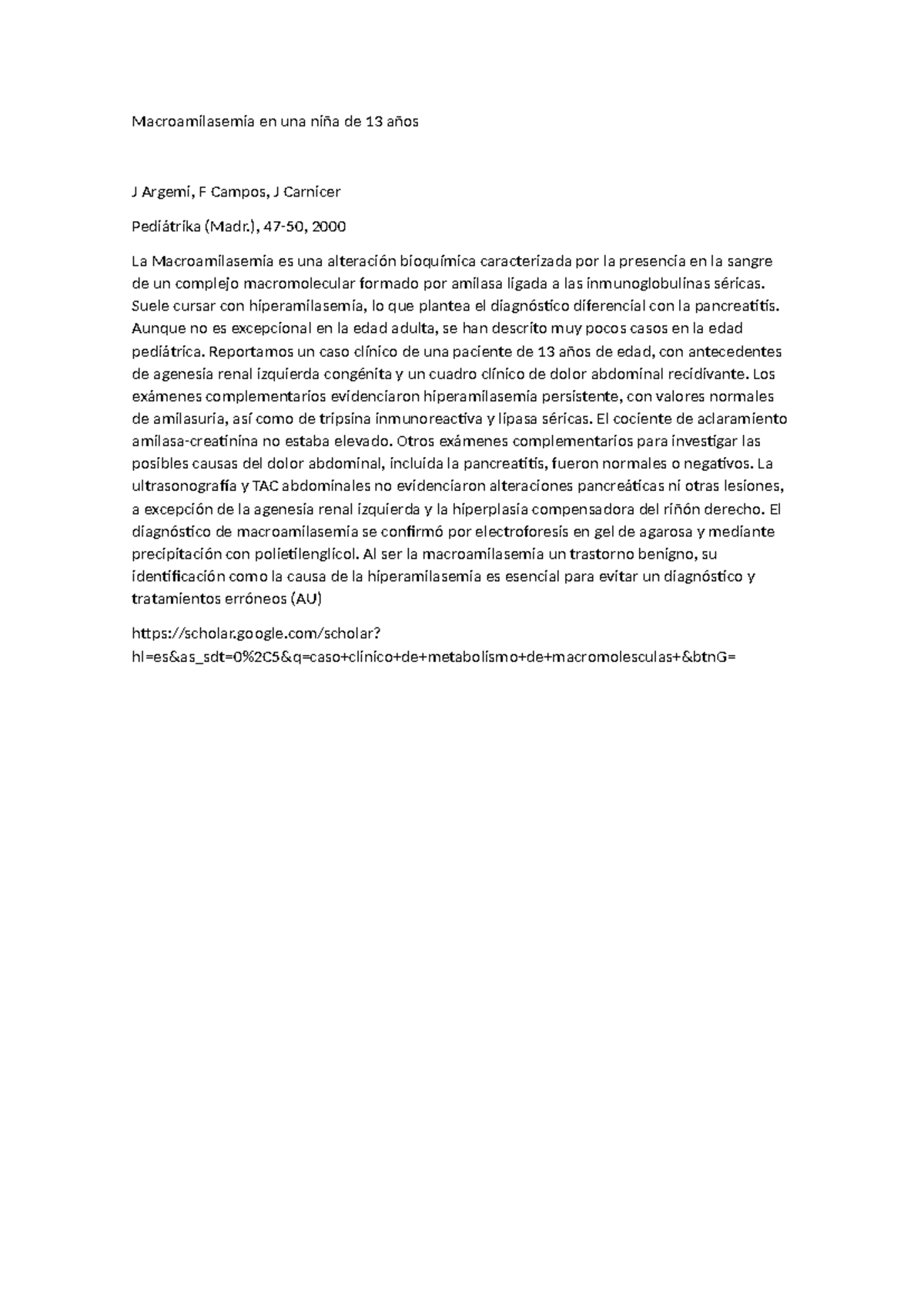 Macroamilasemia en una niña de 13 años - Macroamilasemia en una niña de ...