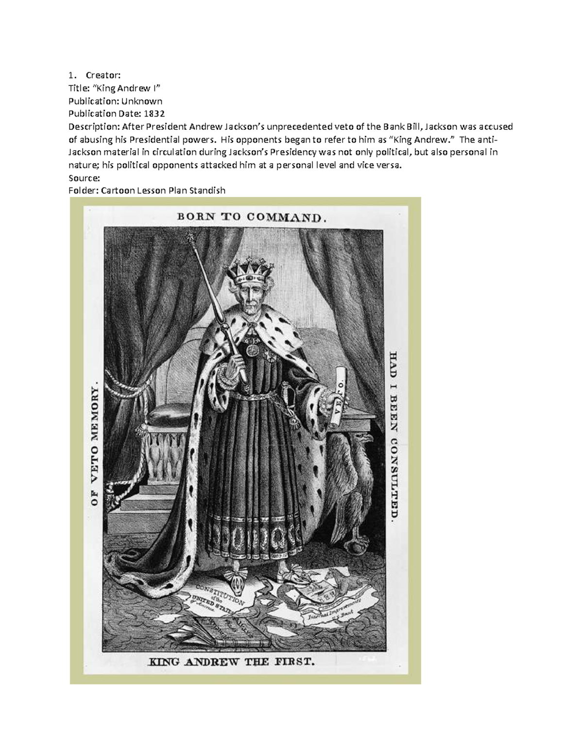 Andrew Jackson Hero or Villain Cartoons - Creator: Title: