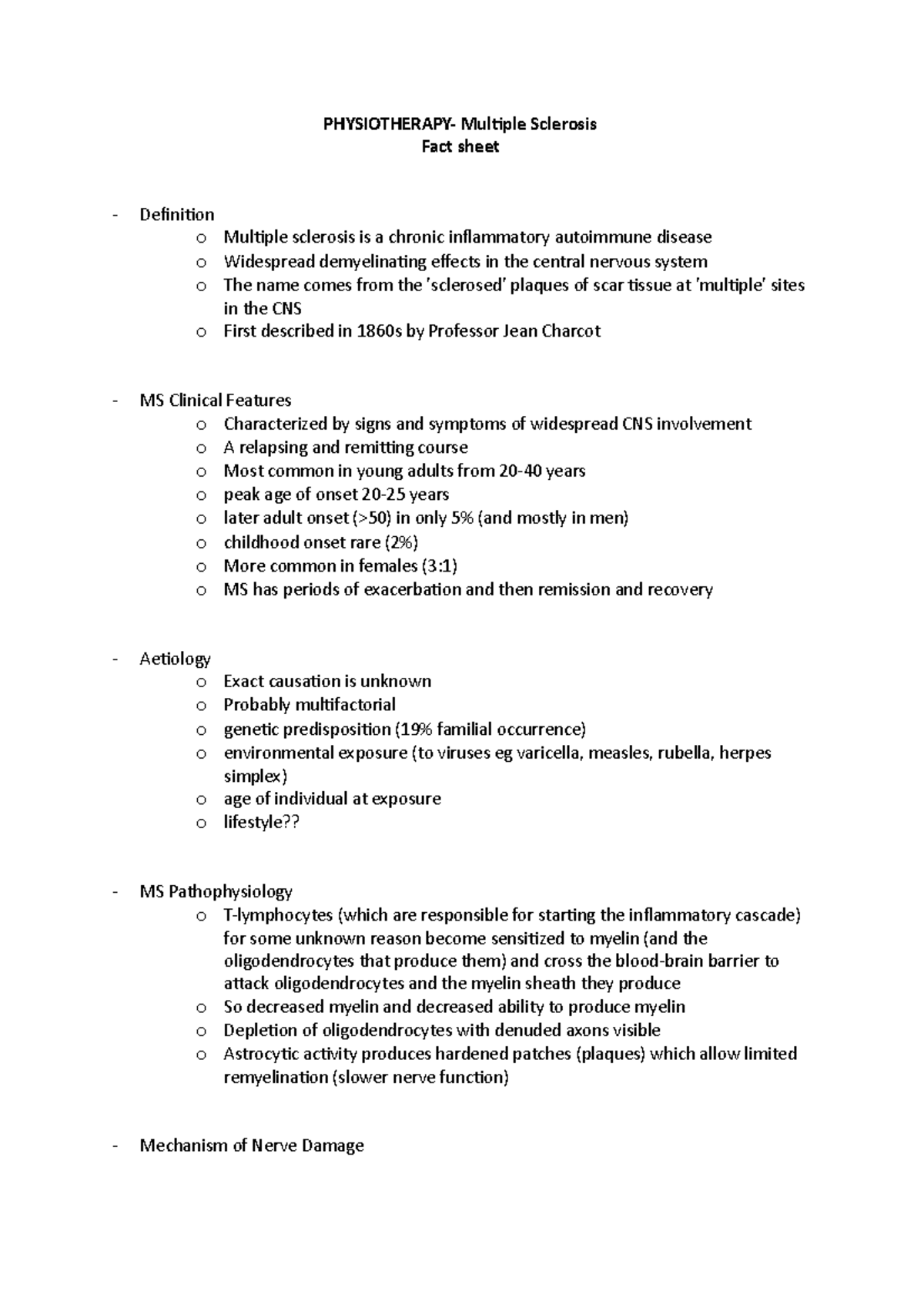 Physiotherapy- Multiple Sclerosis Fact sheet - PHYSIOTHERAPY- Multiple ...