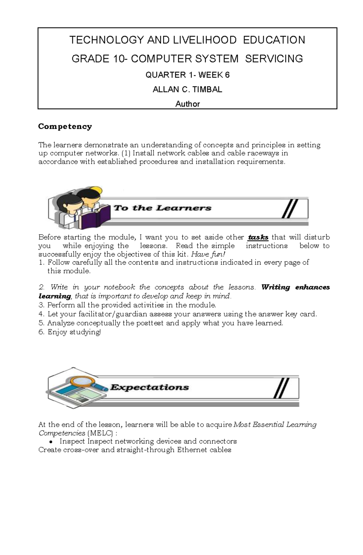 10 TLE CSS Week 6 - Grade 10 Module - Competency The learners ...
