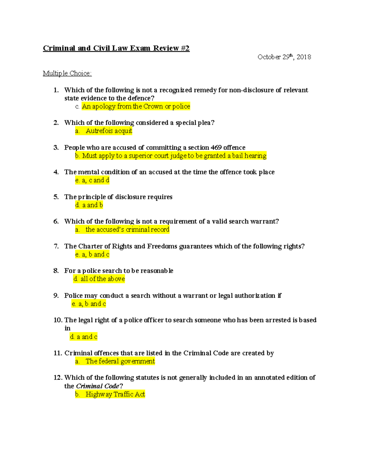 Exam Review 2 15 November 2018, answers - Criminal and Civil Law Exam ...