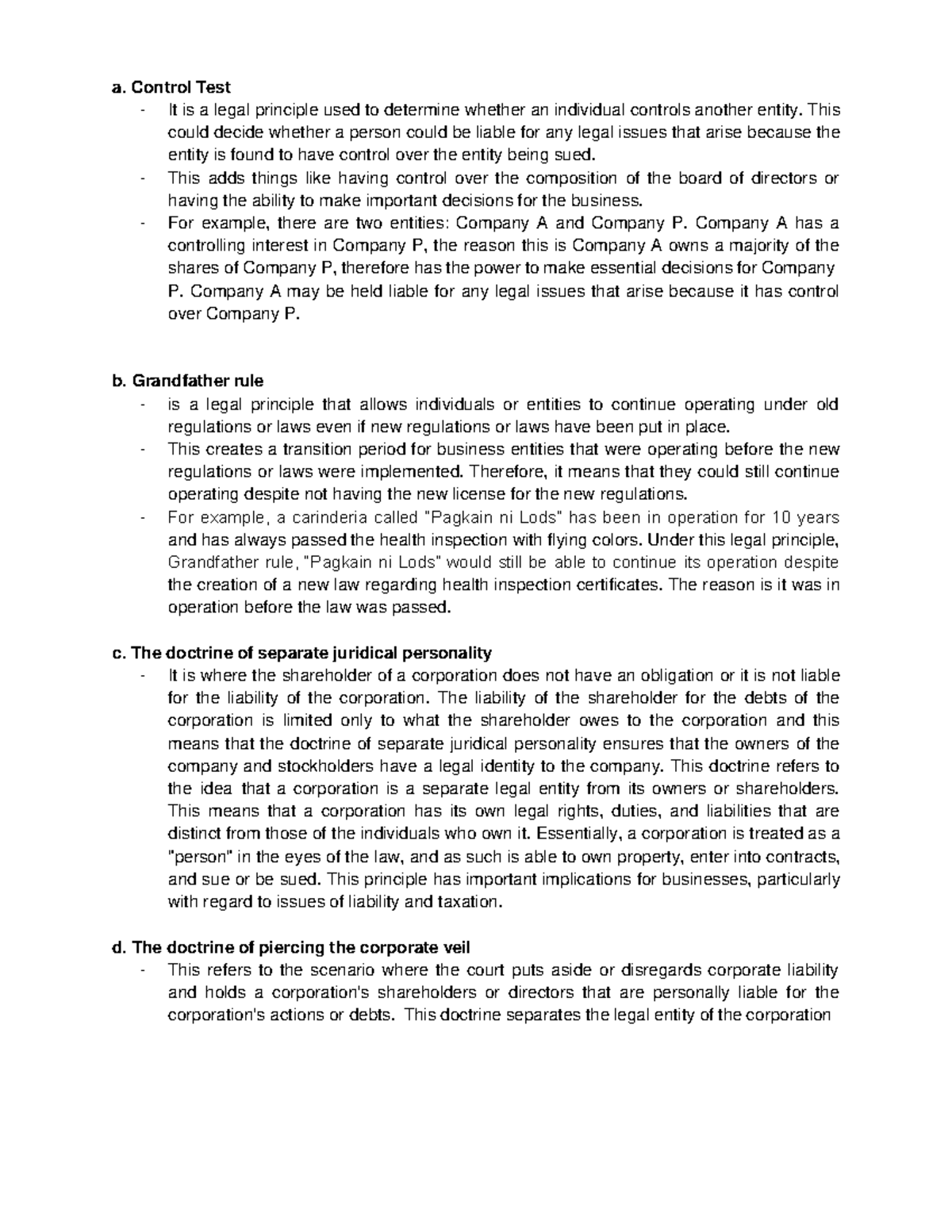 Business Law - a. Control Test - It is a legal principle used to ...
