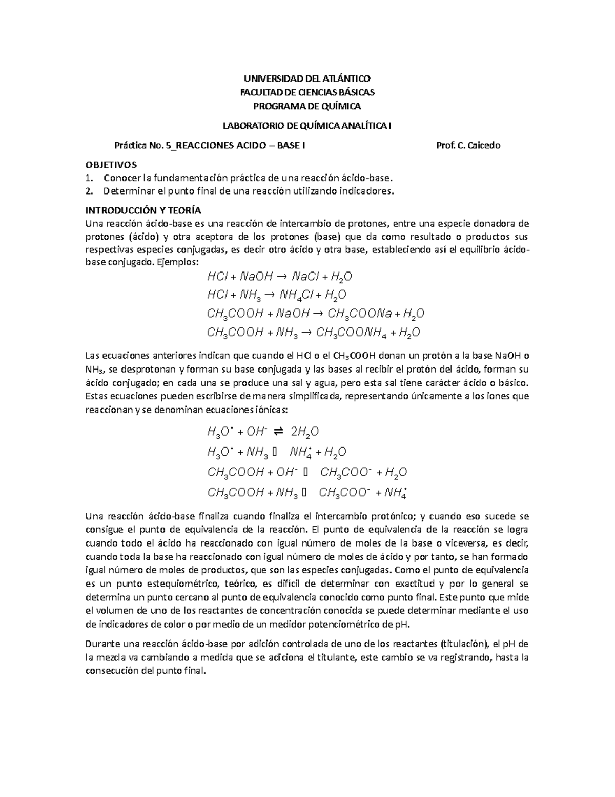 Reacciones Ácido-BASE - UNIVERSIDAD DEL ATLÁNTICO FACULTAD DE CIENCIAS ...