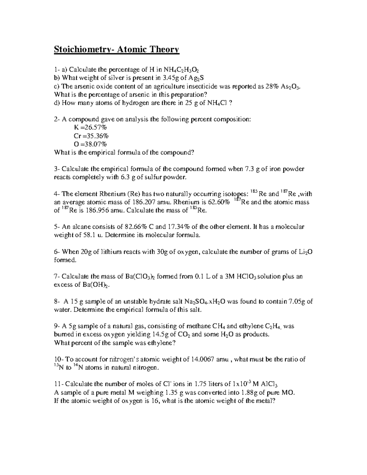 Practice Stoichiometry {CHEM201} - Stoichiometry- Atomic Theory 1- a ...