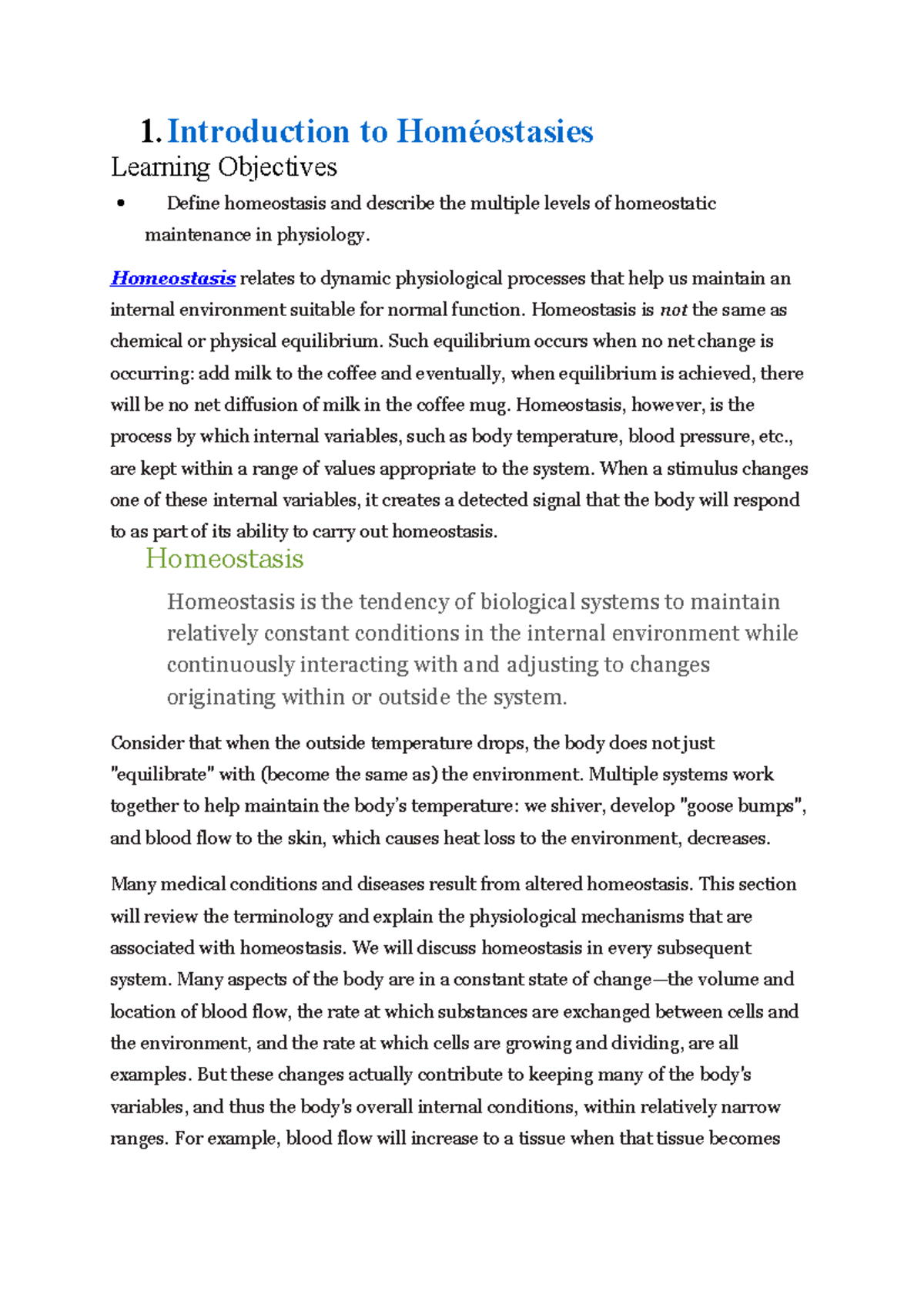Introduction to Homéostasies - 1 to Homéostasies Learning Objectives ...