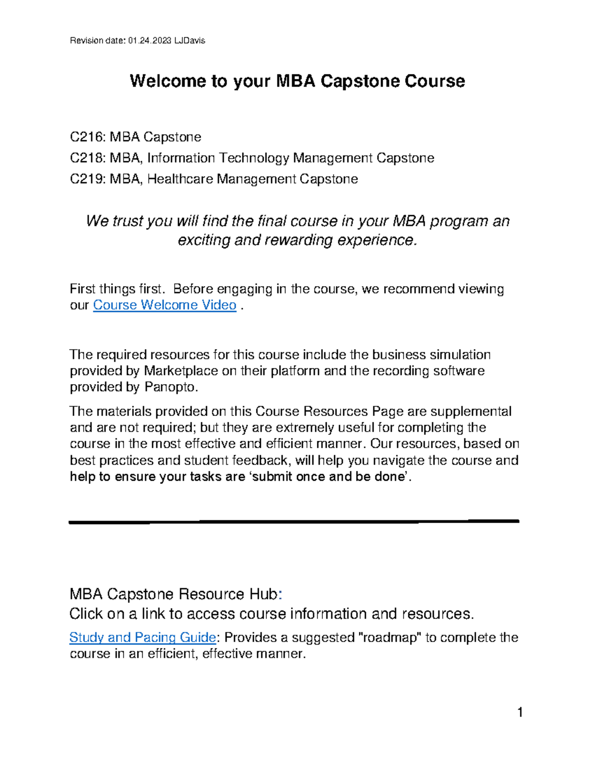 C216 C218 C19 Course Resource - Welcome to your MBA Capstone Course ...