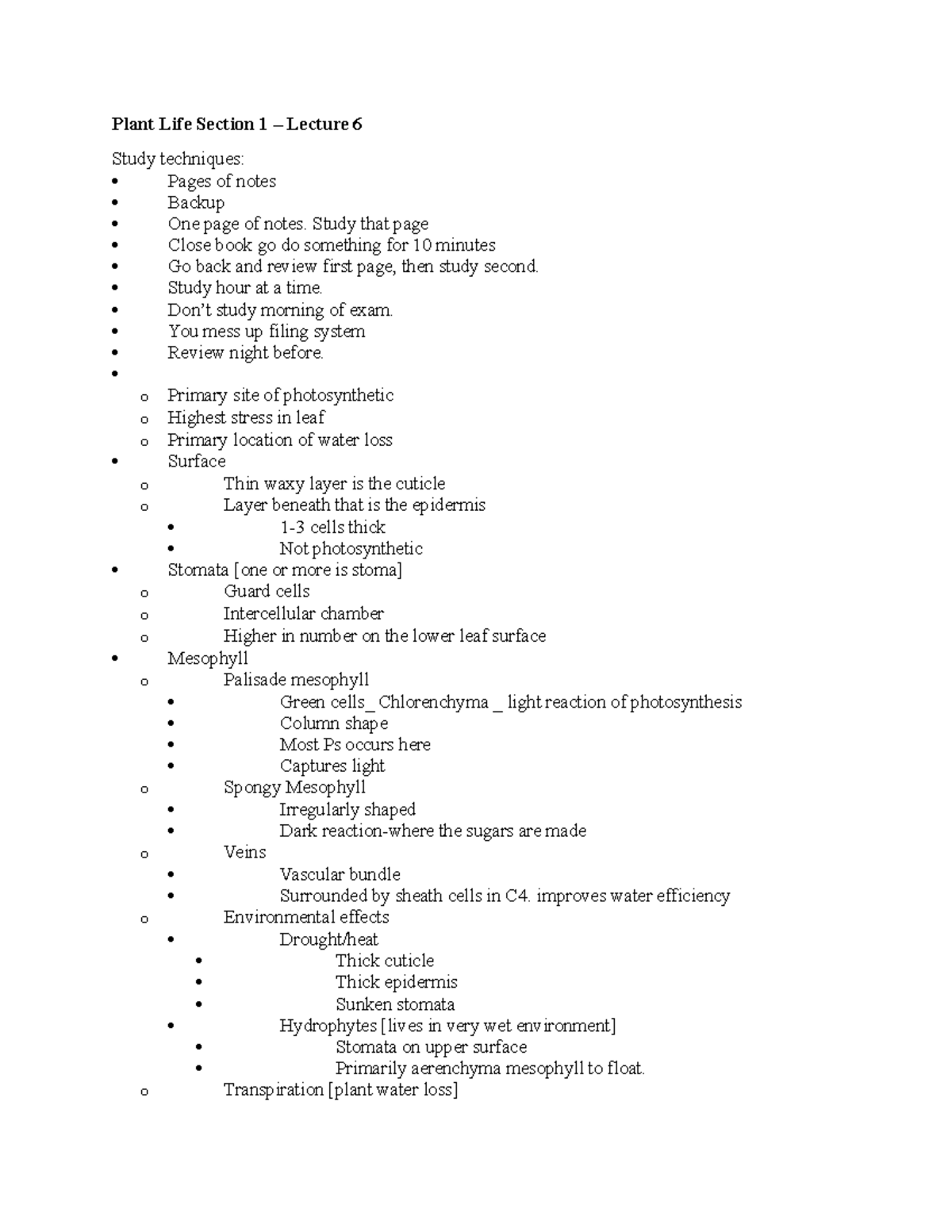 Plant Life Sec 1 - Lecture 6 - Plant Life Section 1 Lecture 6 Study ...