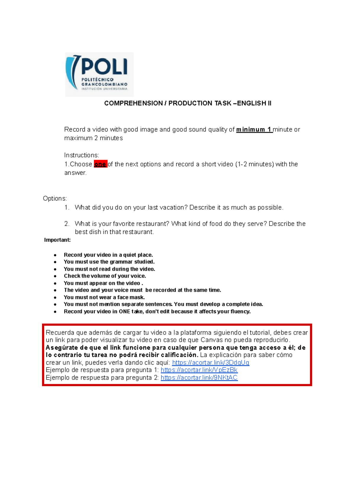 Comprehension AND Production TASK General English II 2024-1 ...