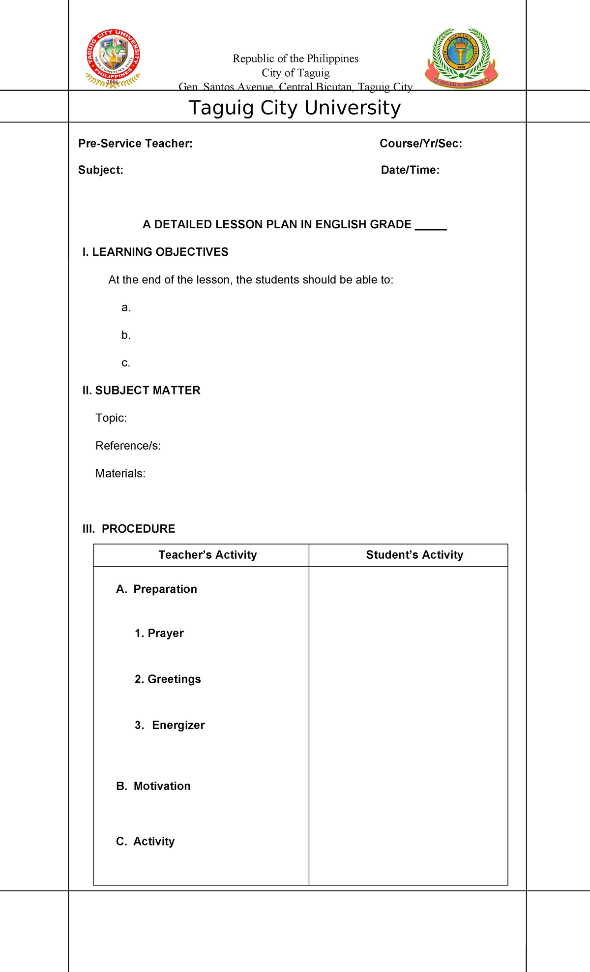 Detailed Lesson PLAN Format - Republic of the Philippines City of ...