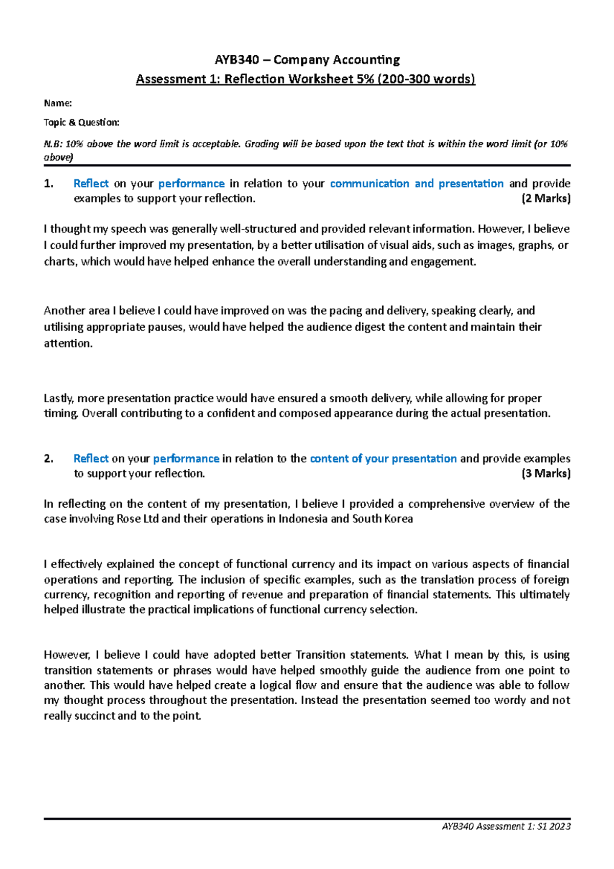 AYB340 Reflection Worksheet - AYB340 – Company Accounting Assessment 1 ...