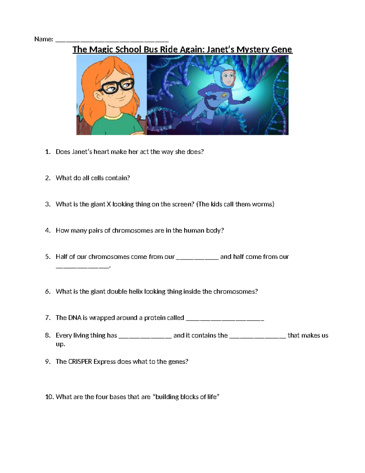 Magic School Bus Rides Again Janets Mystery Gene Worksheet Answer Key-1 ...