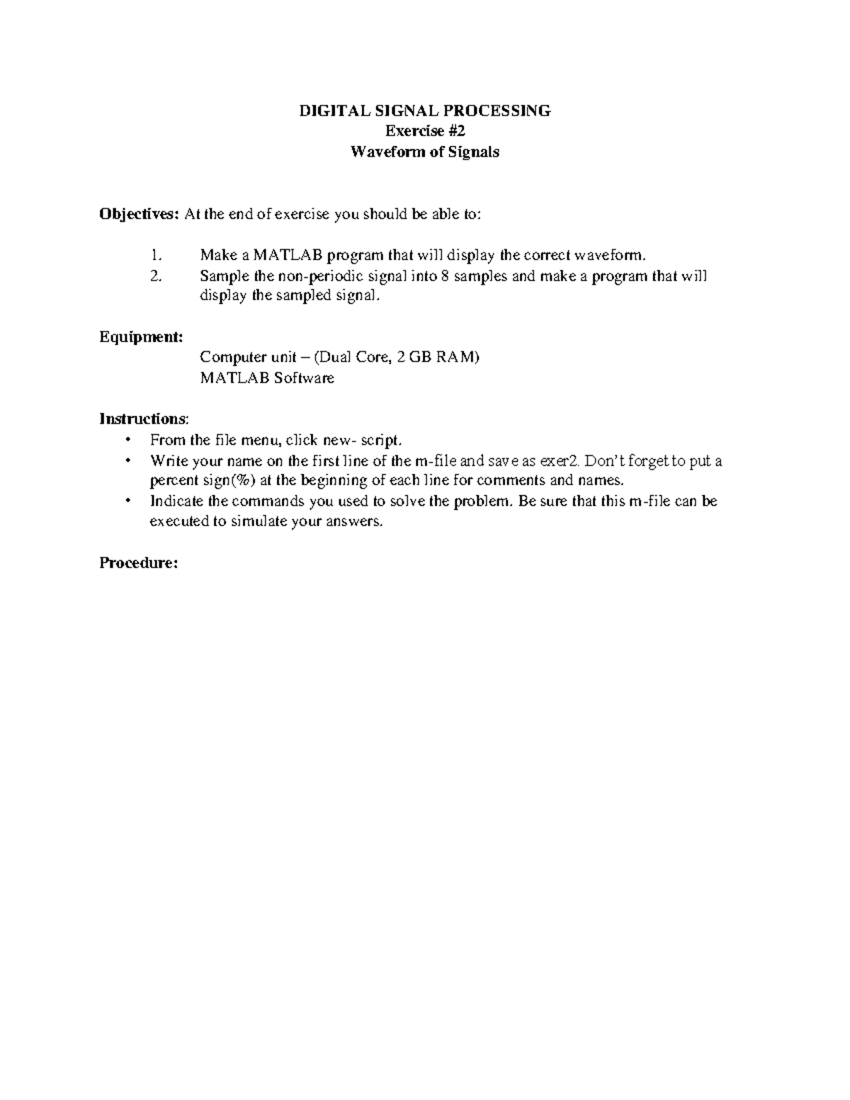 Electronics laboratory - DIGITAL SIGNAL PROCESSING Exercise # Waveform ...