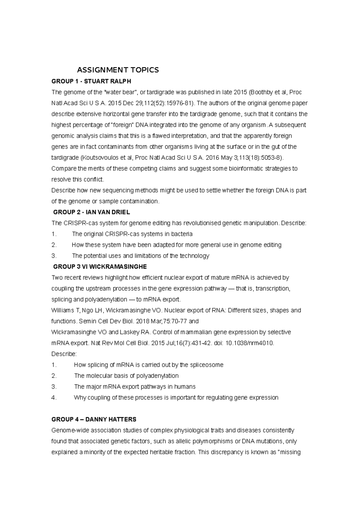 Bioinformatics-assessment-topics - ASSIGNMENT TOPICS GROUP 1 - STUART ...