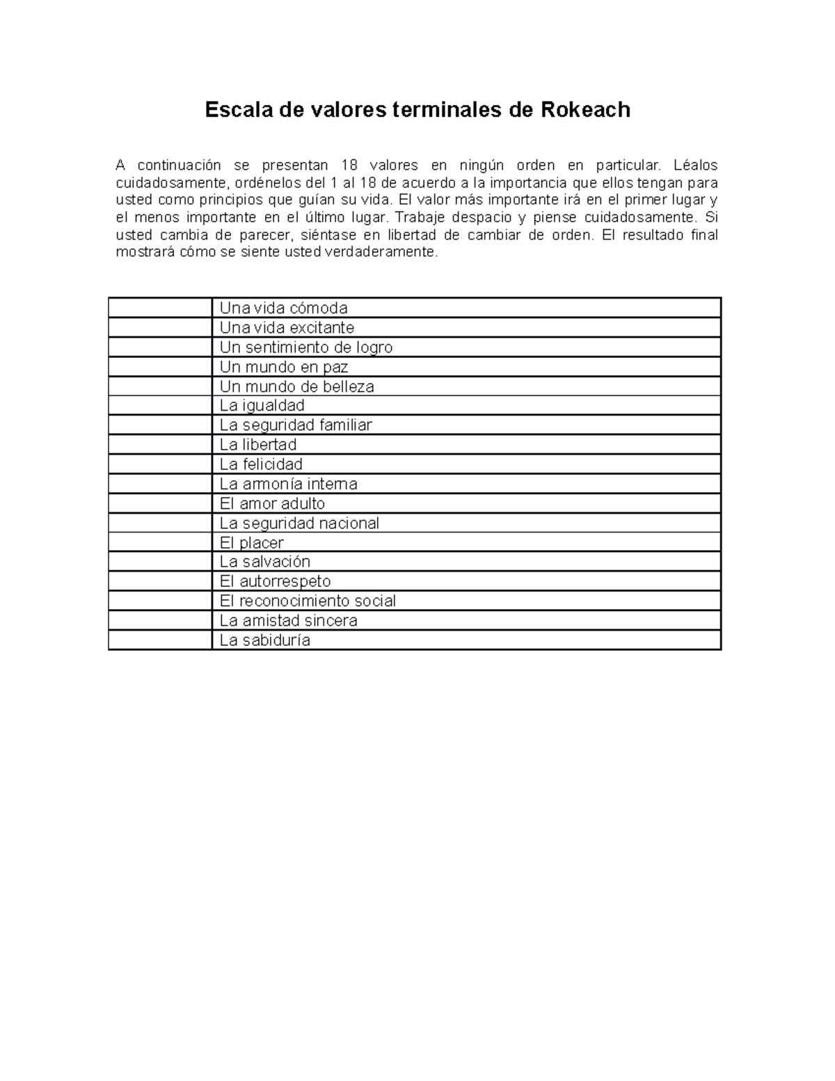 Escala de valores terminales de Rokeach - Léalos cuidadosamente ...