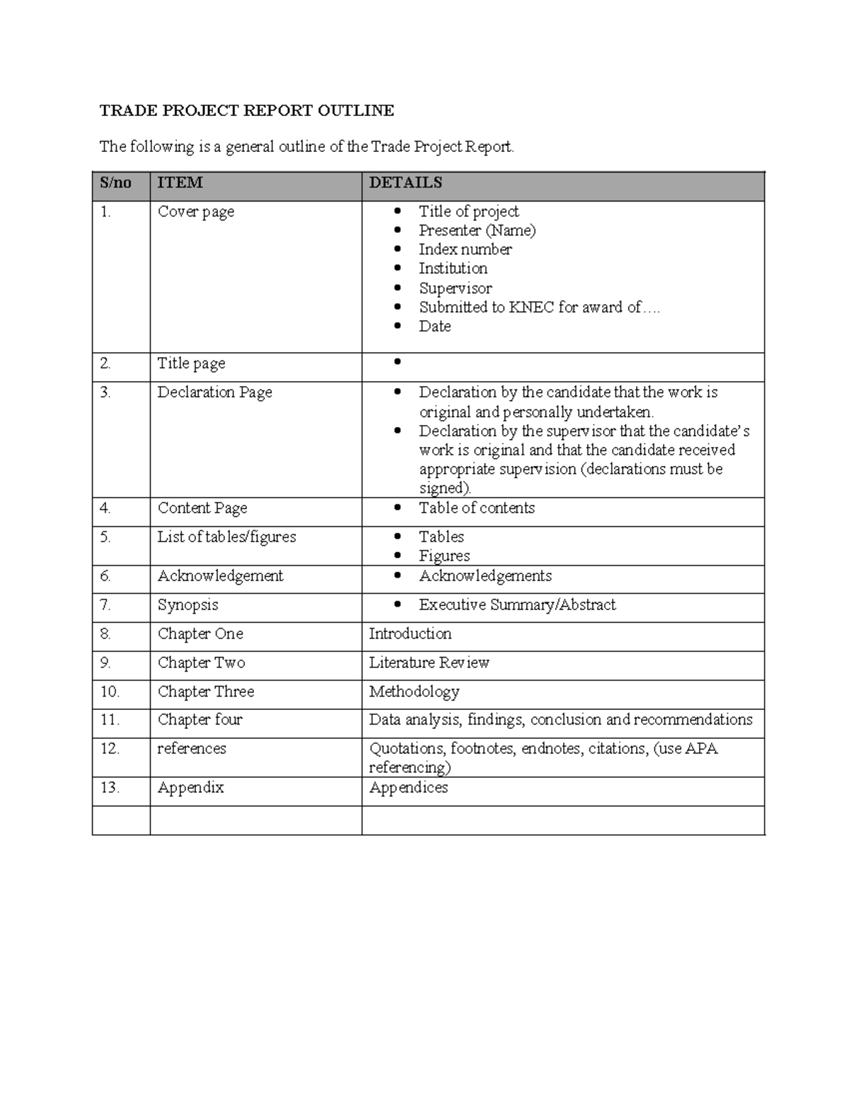 Trade Project Report Outline - TRADE PROJECT REPORT OUTLINE The ...