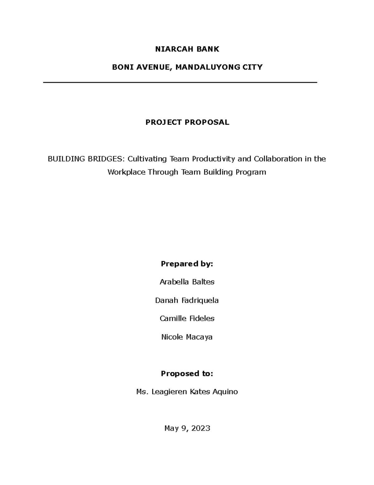 Project- Proposal - NIARCAH BANK BONI AVENUE, MANDALUYONG CITY PROJECT ...