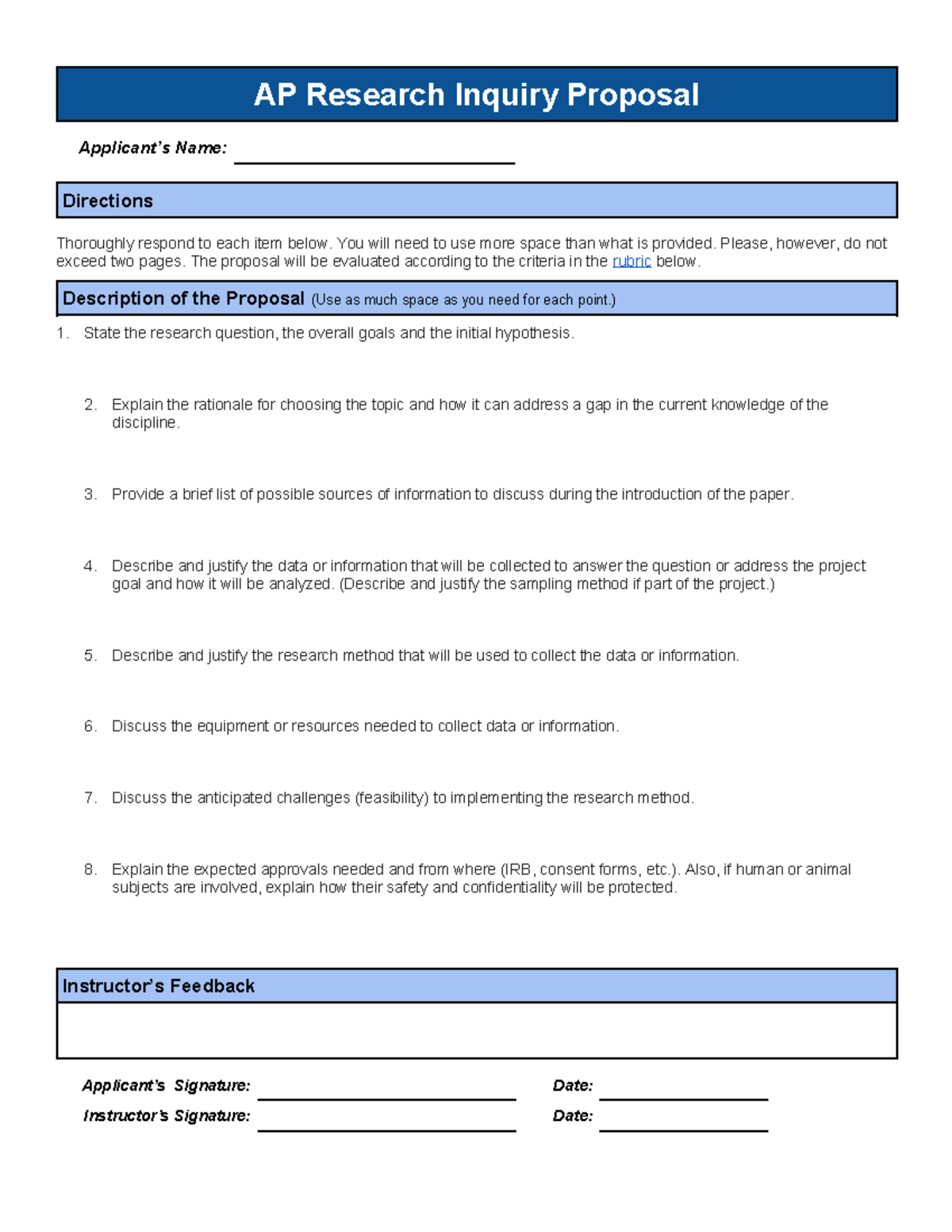 Inquiry Proposal Rubric Template - AP Research Inquiry Proposal ...