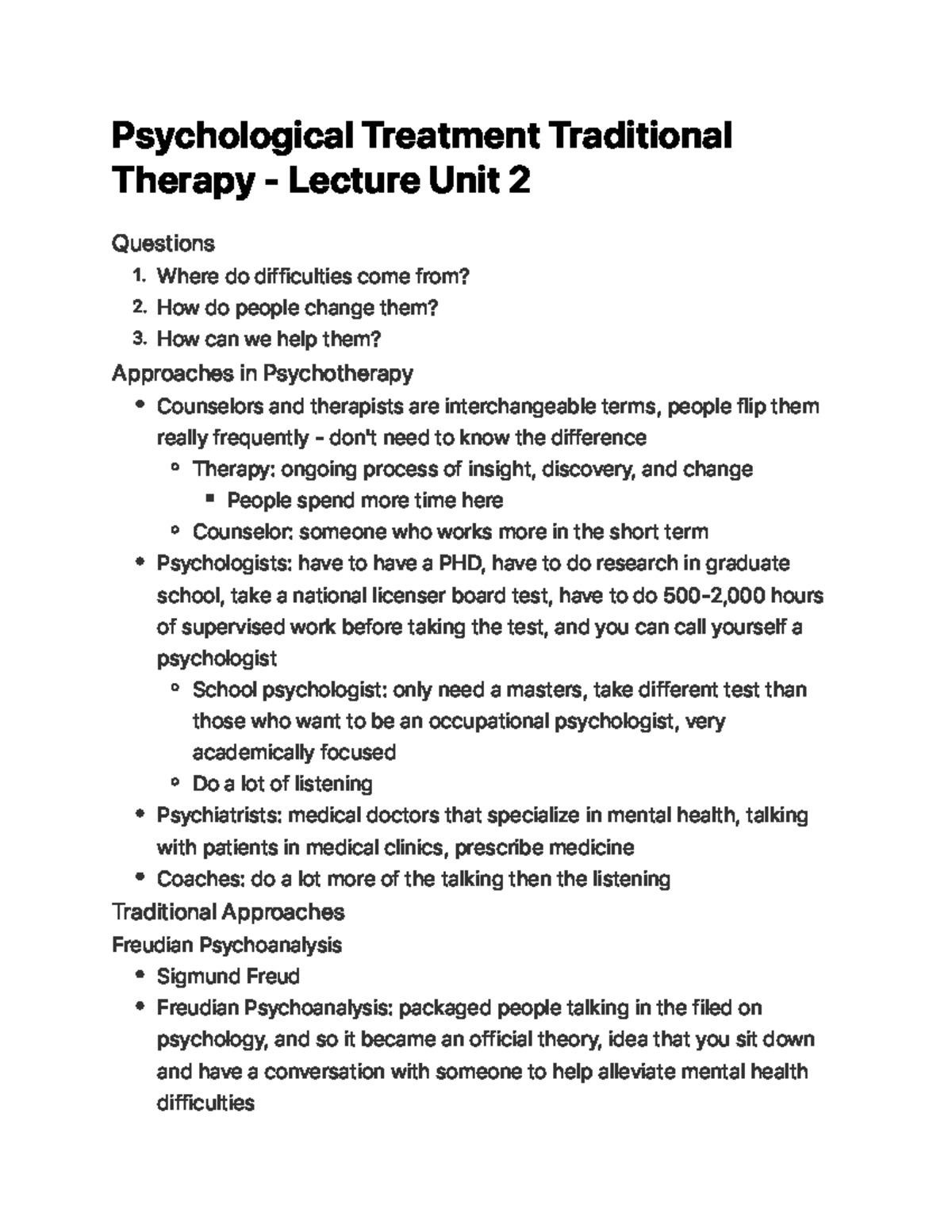 Psychological Treatment Traditional Therapy - Lecture Unit 2 - Psyc h o ...