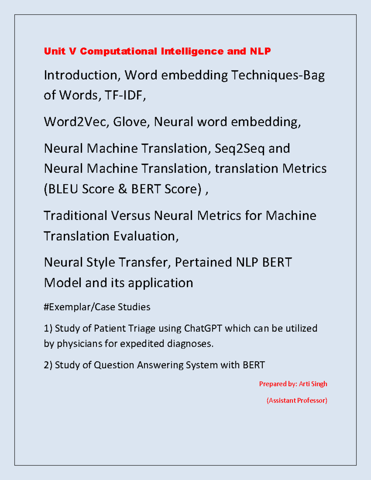 Unit V Computational Intelligence and NLP - Unit V Computational Intelligence and NLP ...