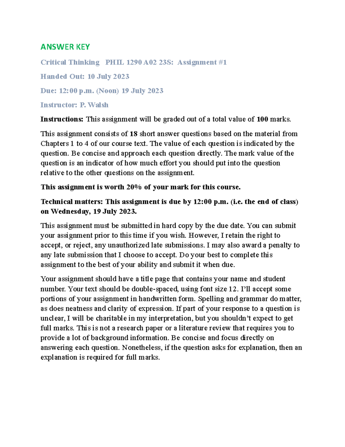 1290 A02 23S Assignment 1 Answer Key - ANSWER KEY Critical Thinking PHIL 1290 A02 23S ...