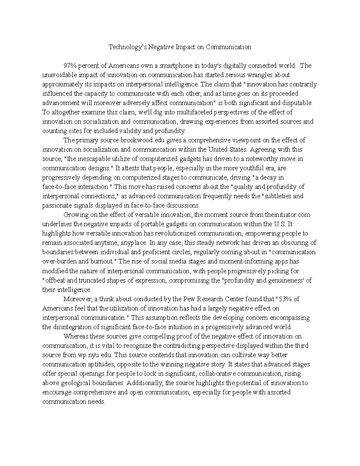 Argument Essay - Technology’s Negative Impact on Communication 97% ...