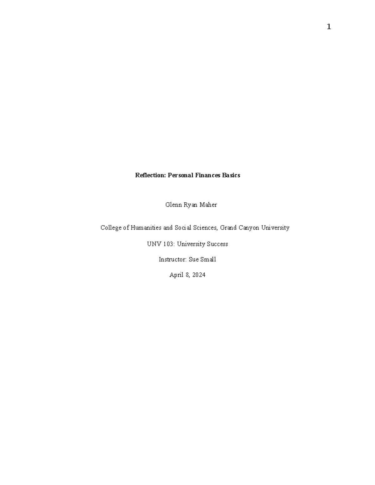 Reflection - Personal Finances Basics - Maher - UNV-104 - 1 Reflection ...