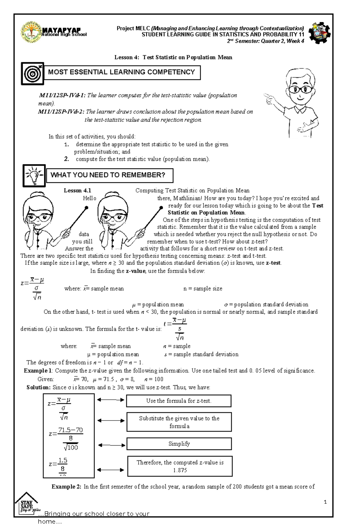 SLG Statistics and Probability Q2W4 - .. our school closer to your ...