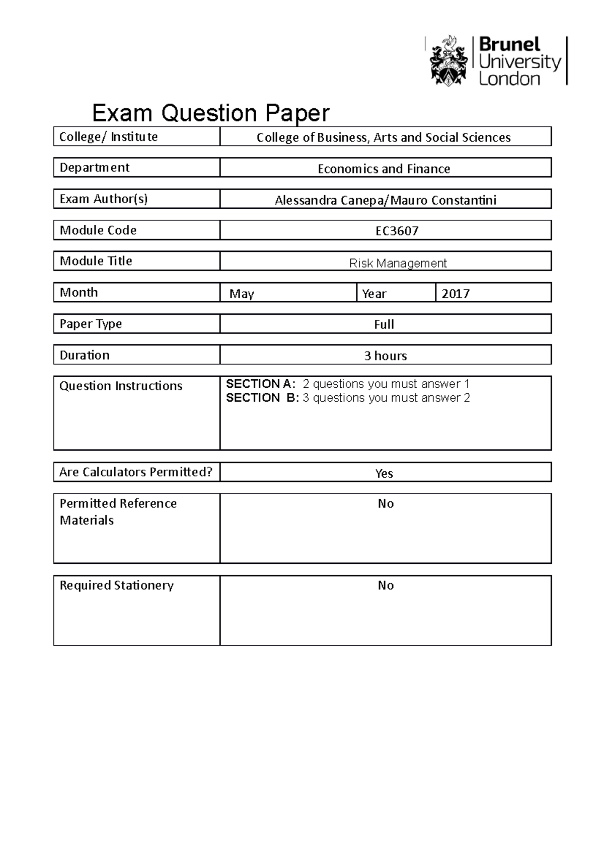 Exam May 2017 - Exam Question Paper Institute College of Business, Arts ...