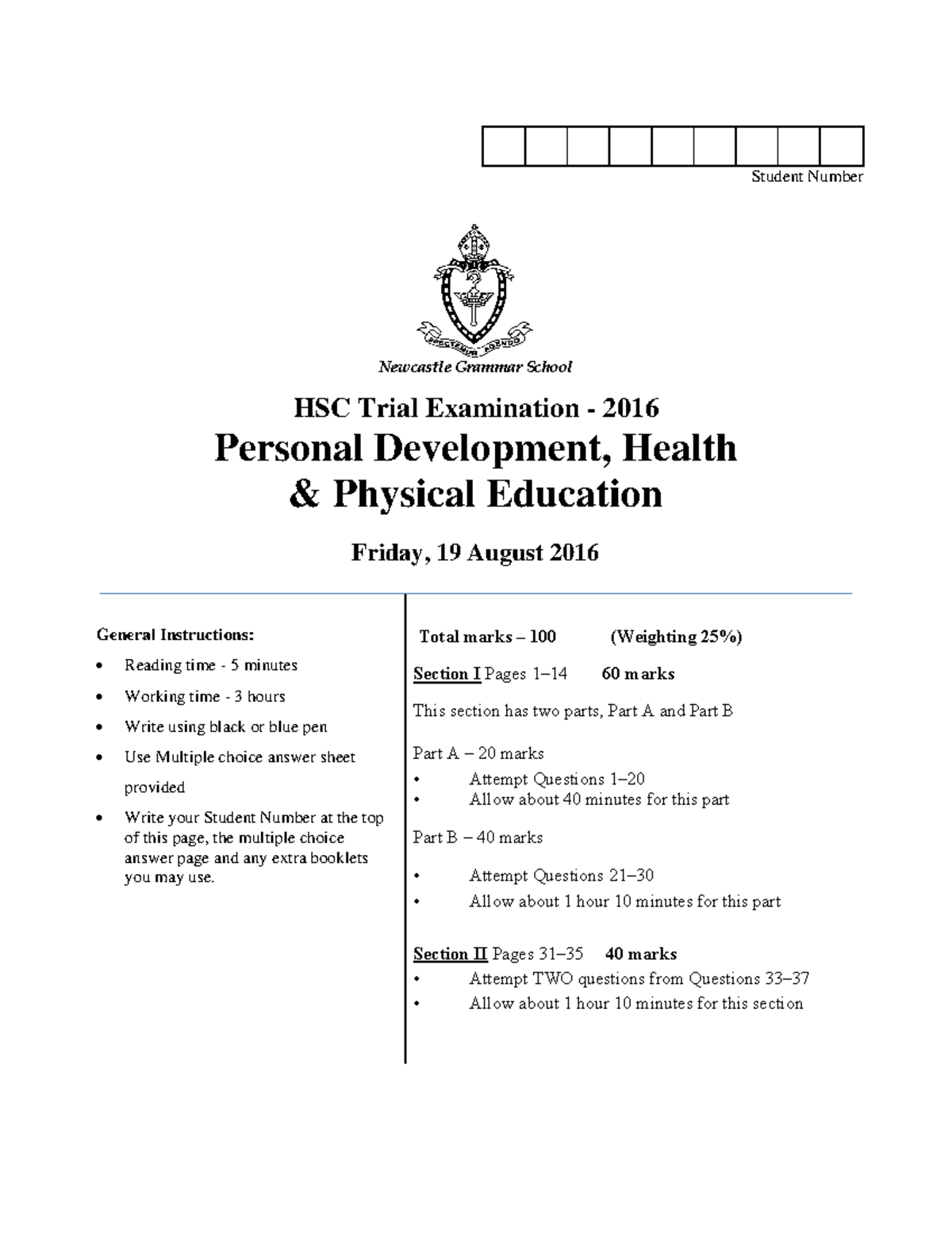 Pdhpe Trial 2016 - Student Number Newcastle Grammar School HSC Trial ...