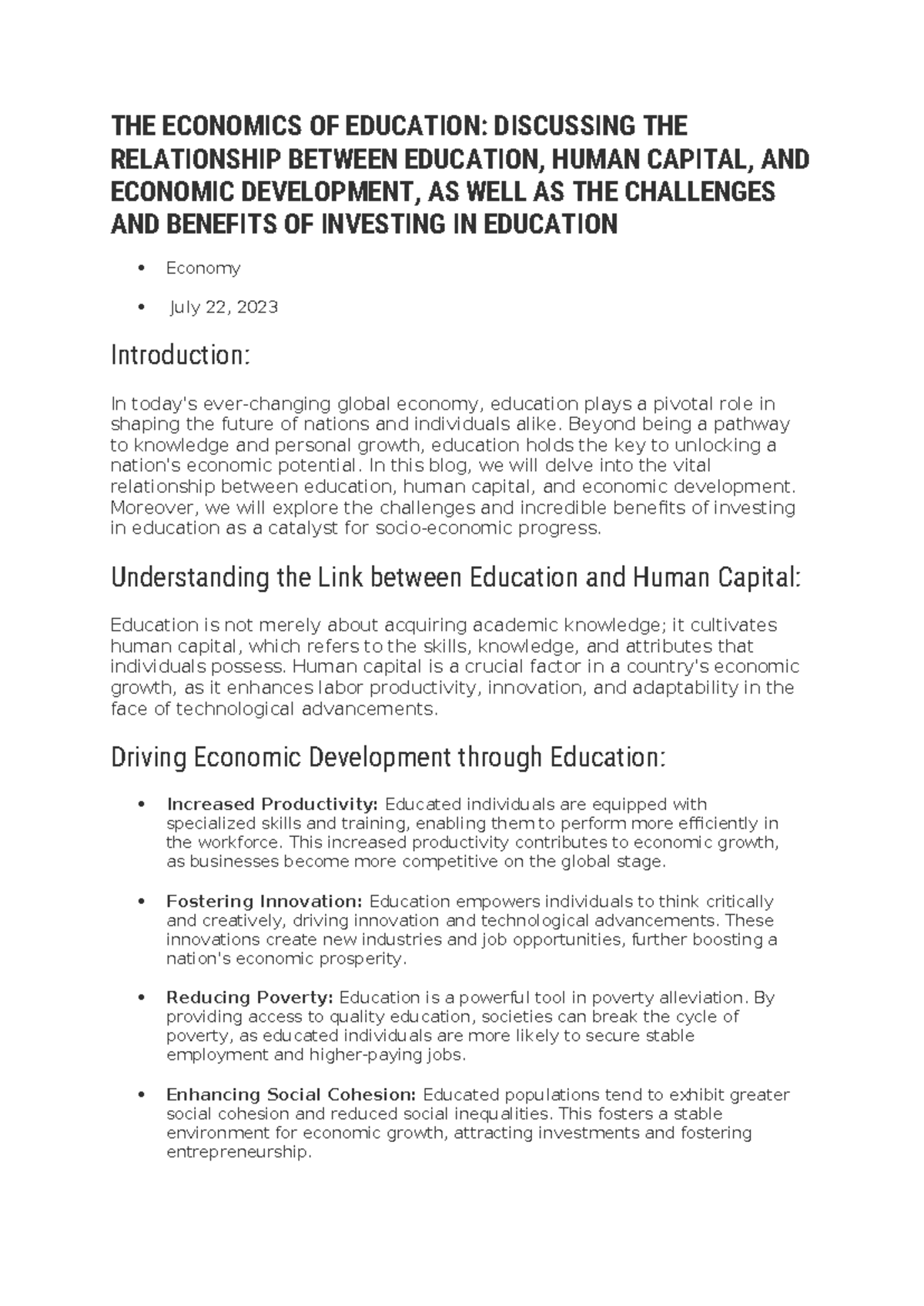 ART THE Economics OF Education - THE ECONOMICS OF EDUCATION: DISCUSSING ...