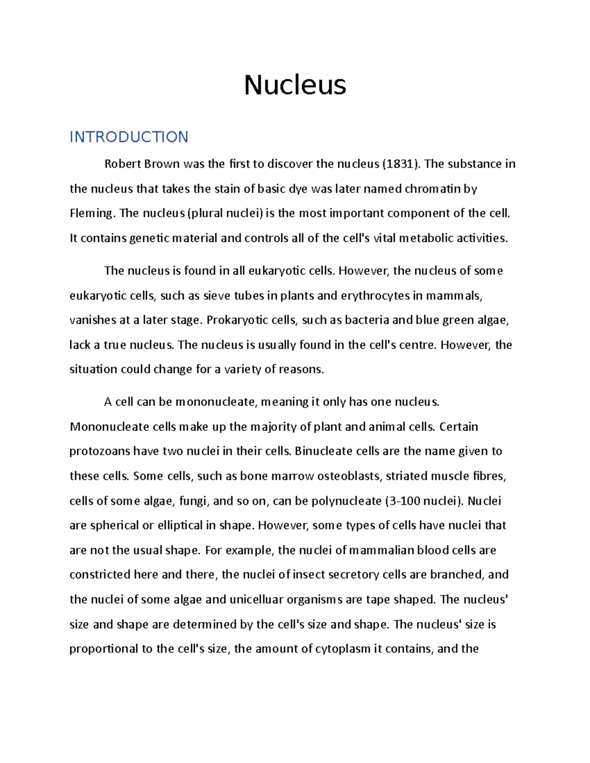 Brief NOTE ON Nucleus - Lecture notes 27-28 - Nucleus INTRODUCTION ...