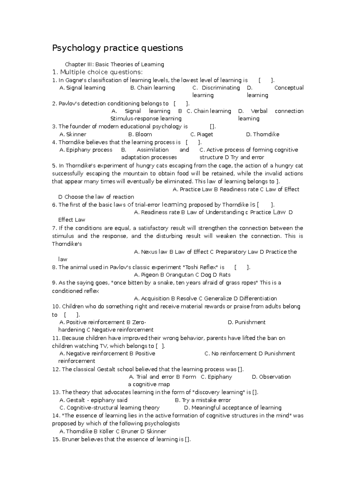 Psychology practice questions - Psychology practice questions Chapter ...