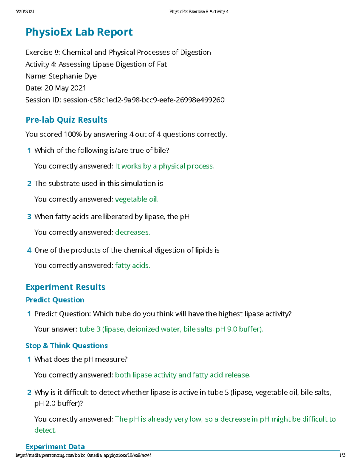 Physio X ex8act4 - Weekly Lab Assignments - 5/20/2021 PhysioEx Exercise ...