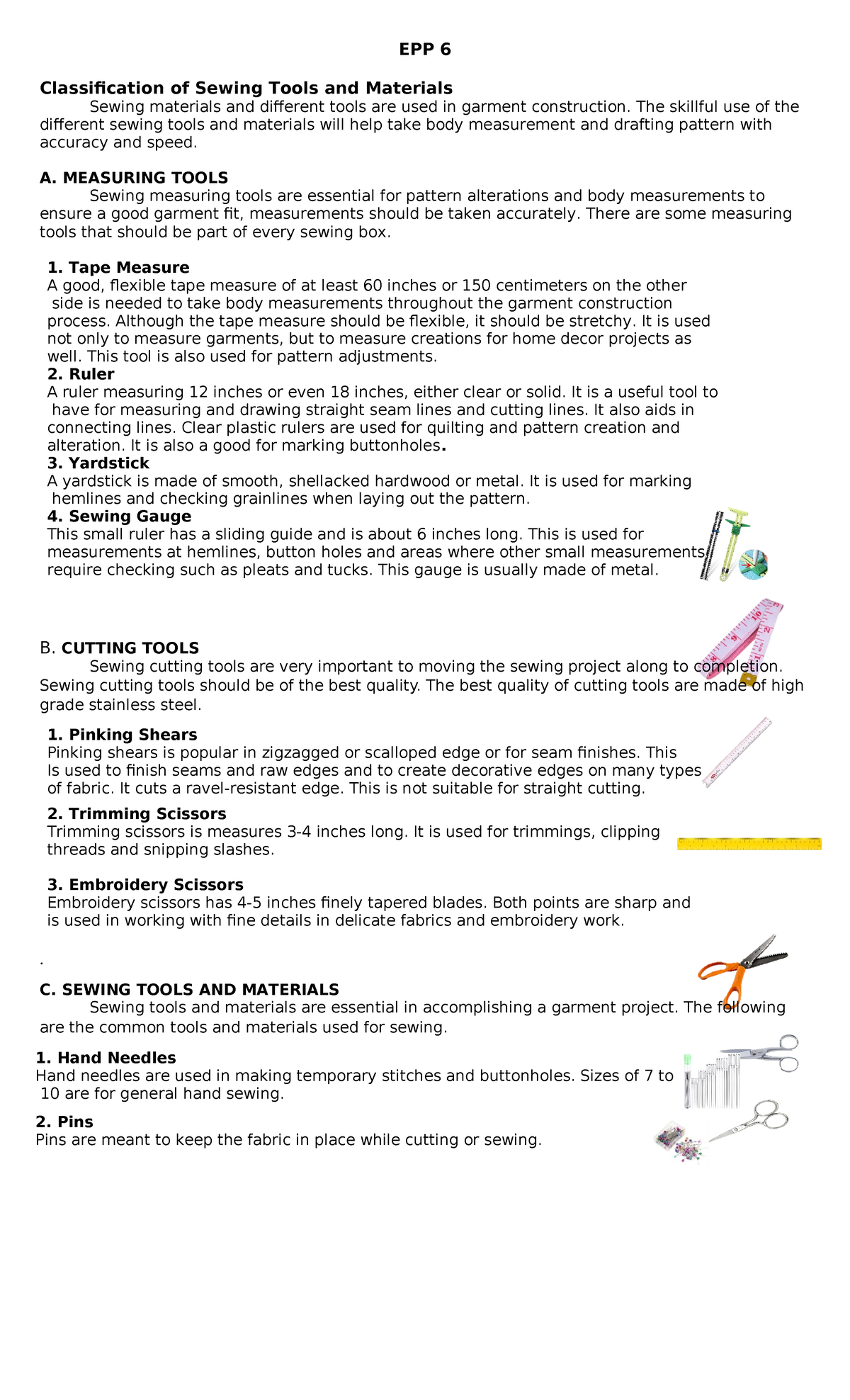 EPP-6- Notes - EPP 6 Classification of Sewing Tools and Materials ...