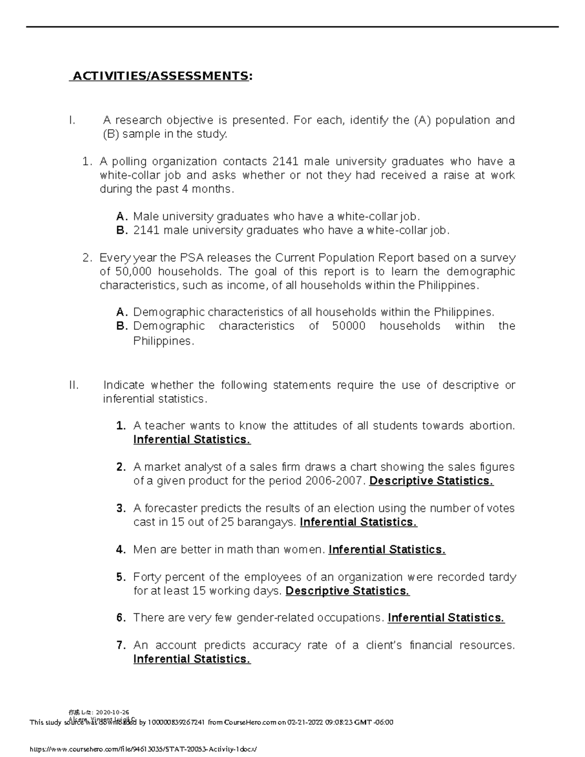 STAT 2005 3 Activity 1 - Includes mean and data variance,the t-test ...