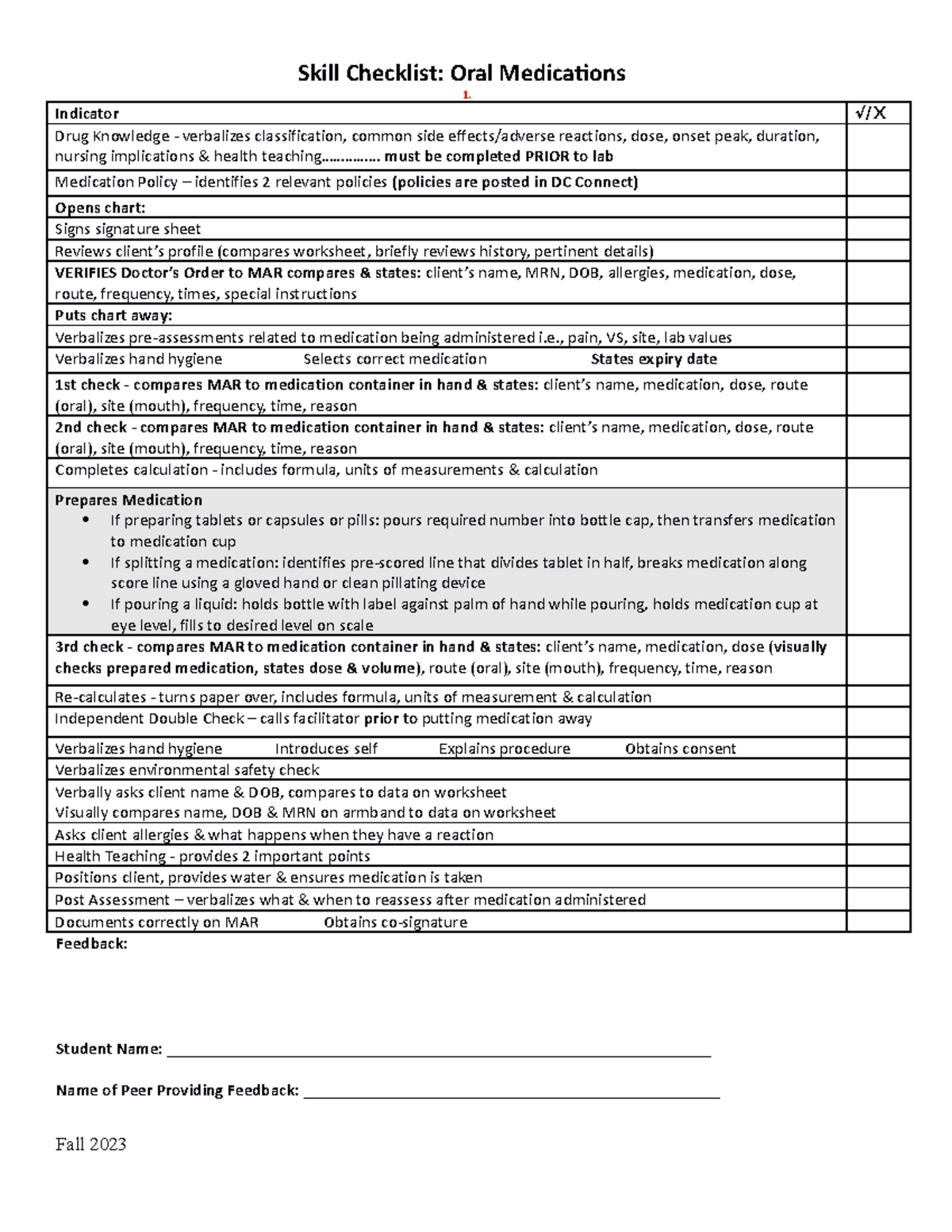 Week 1 Skills Checklist Oral Meds - Skill Checklist: Oral Medica琀椀ons ...