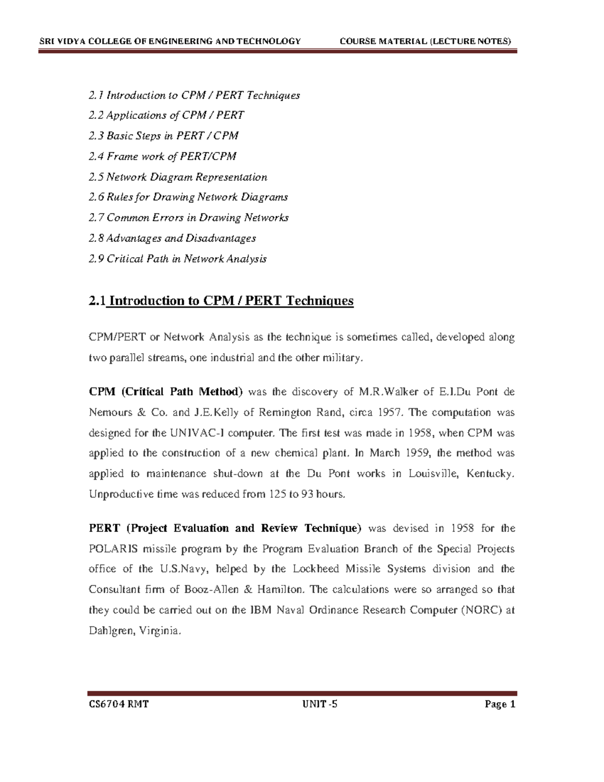 PERT Lecture Notes - SCHEDULING - 2 Introduction to CPM / PERT ...