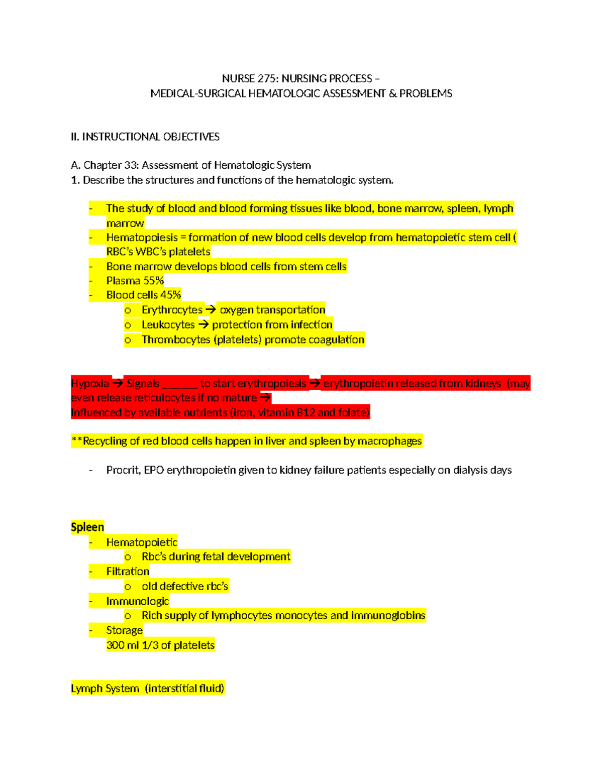 Heme Learning Objectives - NURSE 275: NURSING PROCESS – MEDICAL ...