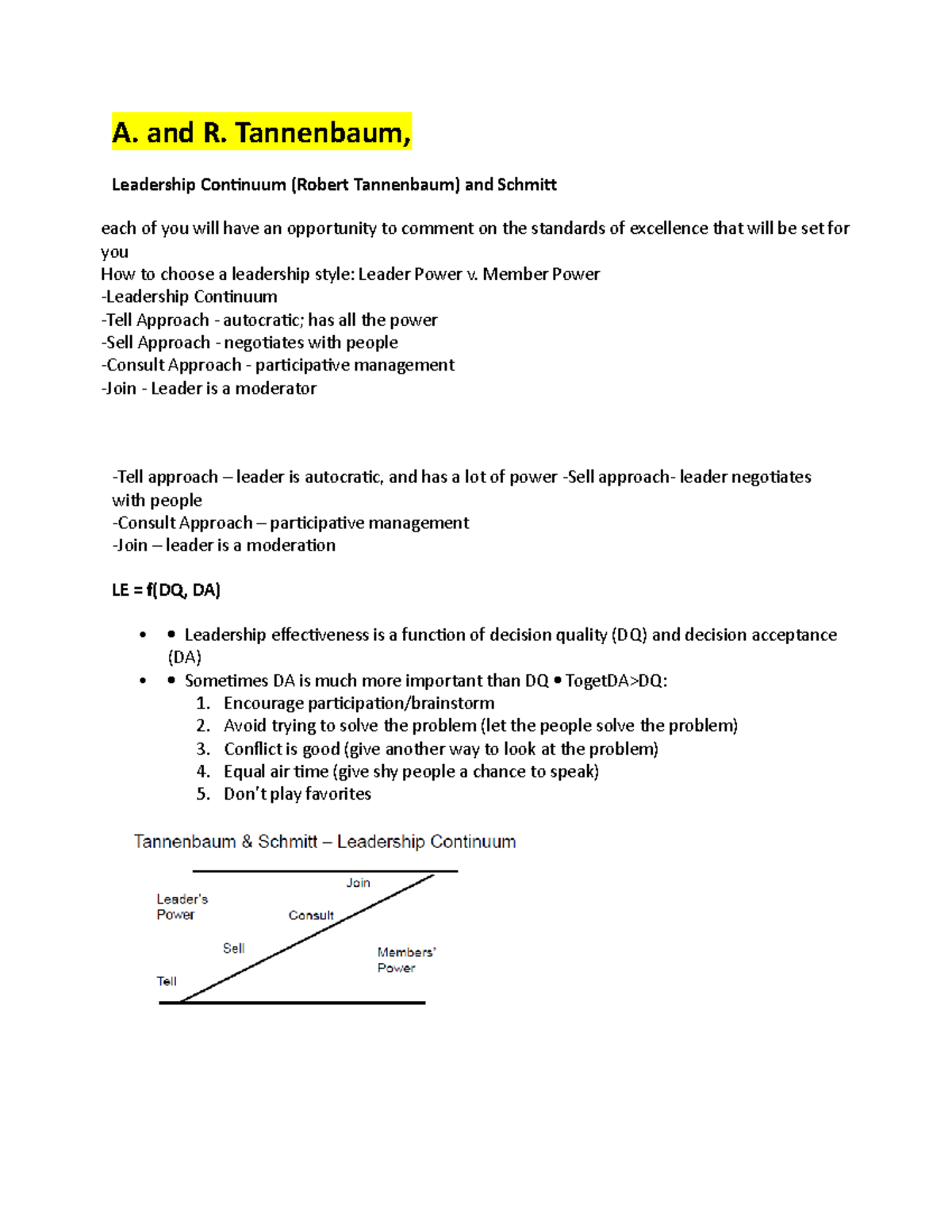 Theories - lecture notes - A. and R. Tannenbaum, Leadership Continuum ...