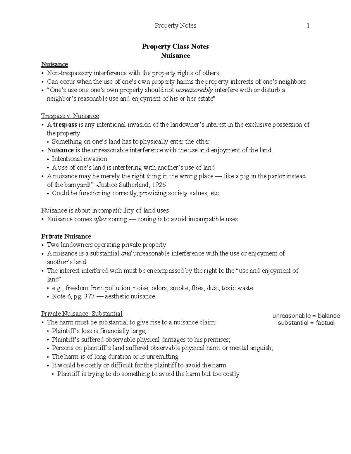 Nuisance - Property Class Notes Nuisance Nuisance Non-trespassory ...